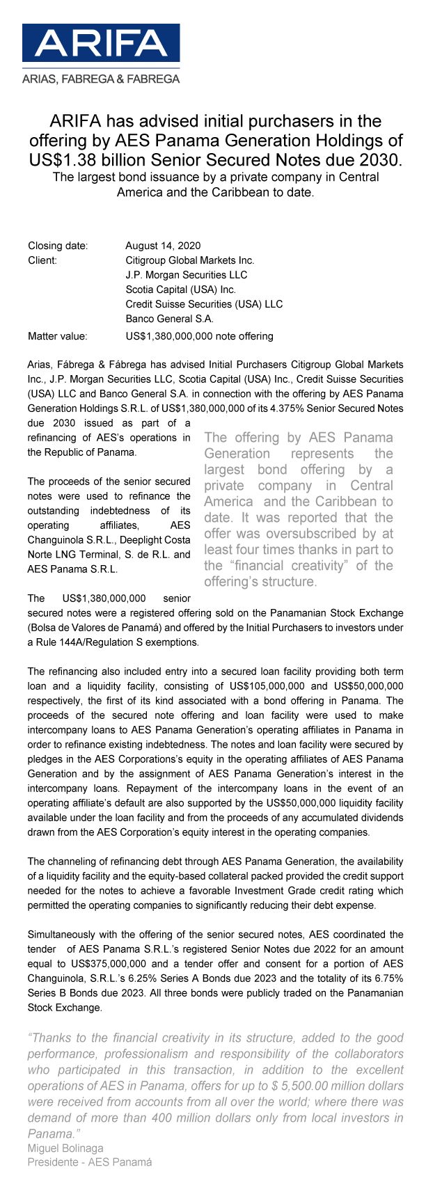 ARIFA - La Firma - Transacciones Representativas - Bonos sénior garantizados por US$1,380 ...