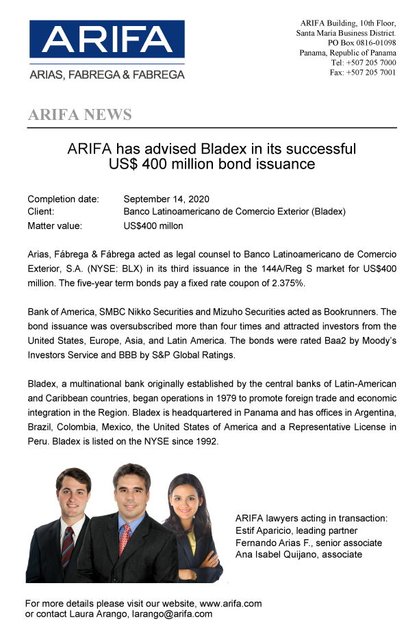 ARIFA - La Firma - Transacciones Representativas - Exitosa emisión de bonos de Bladex por US$400 ...