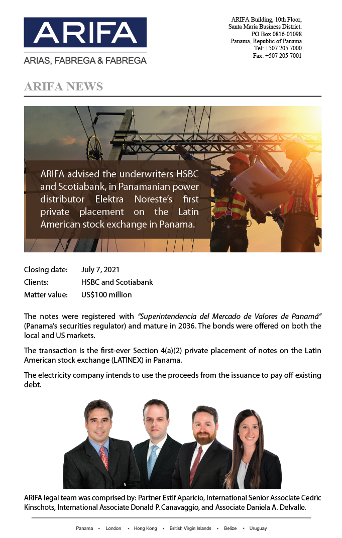 ARIFA - La Firma - Transacciones Representativas - Primera colocación privada de Elektra Noreste ...